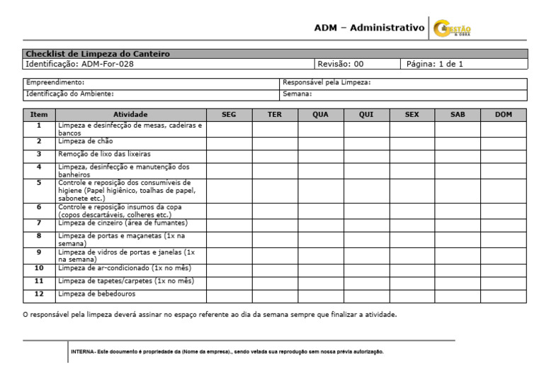 ADM-For-028-R00-Checklist de Limpeza Do Canteiro | PDF | Casa e Jardim
