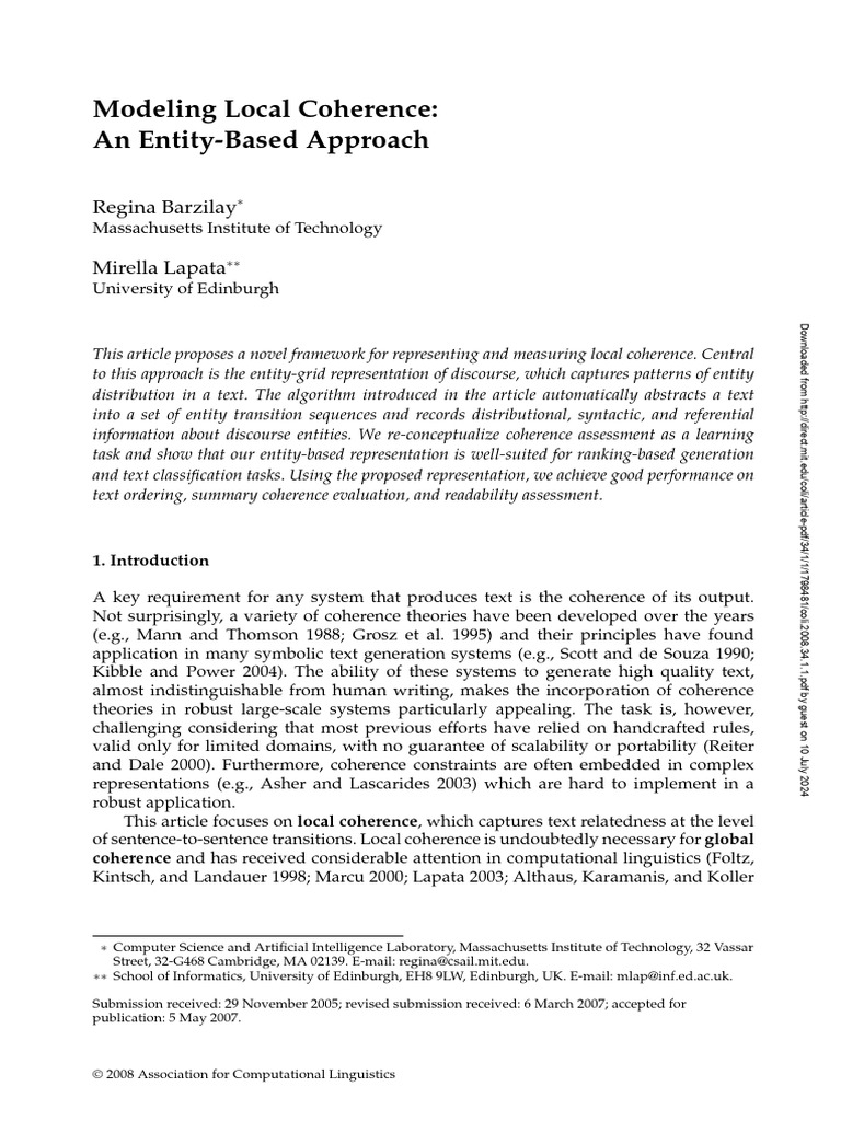 Modeling Local Coherence - An Entity-Based Approach | PDF | Pronoun | Syntax