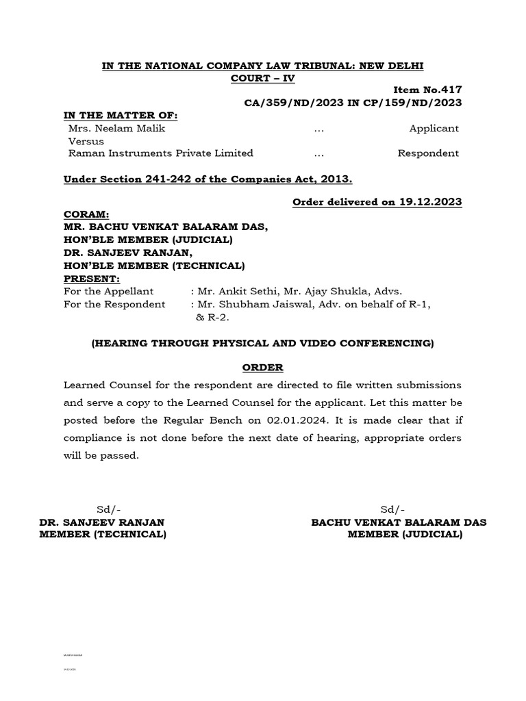 NCLT - Neelam v. Raman - 19DEC2023 | PDF