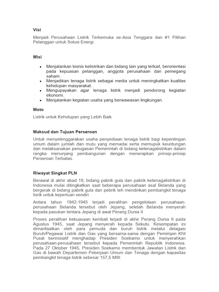 Visi Misi Sejarah PLN | PDF