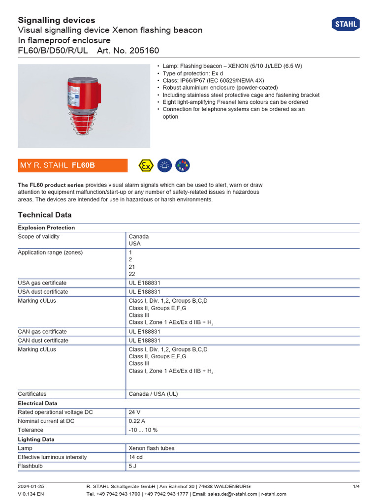 Ex Single Data Sheet Visual Signalling Device Xenon Flashing Beacon in Flameproof Enclosure fl60 ...