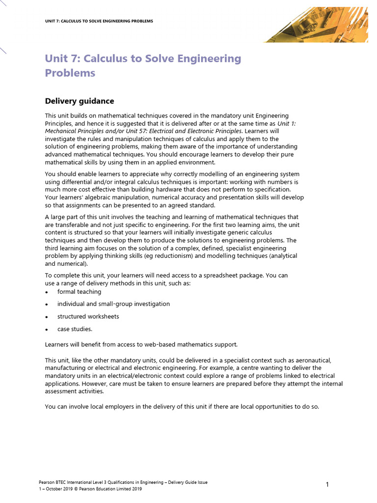 Btec Int l3 Engineering Delivery Guide Unit 7 | PDF | Integral | Derivative