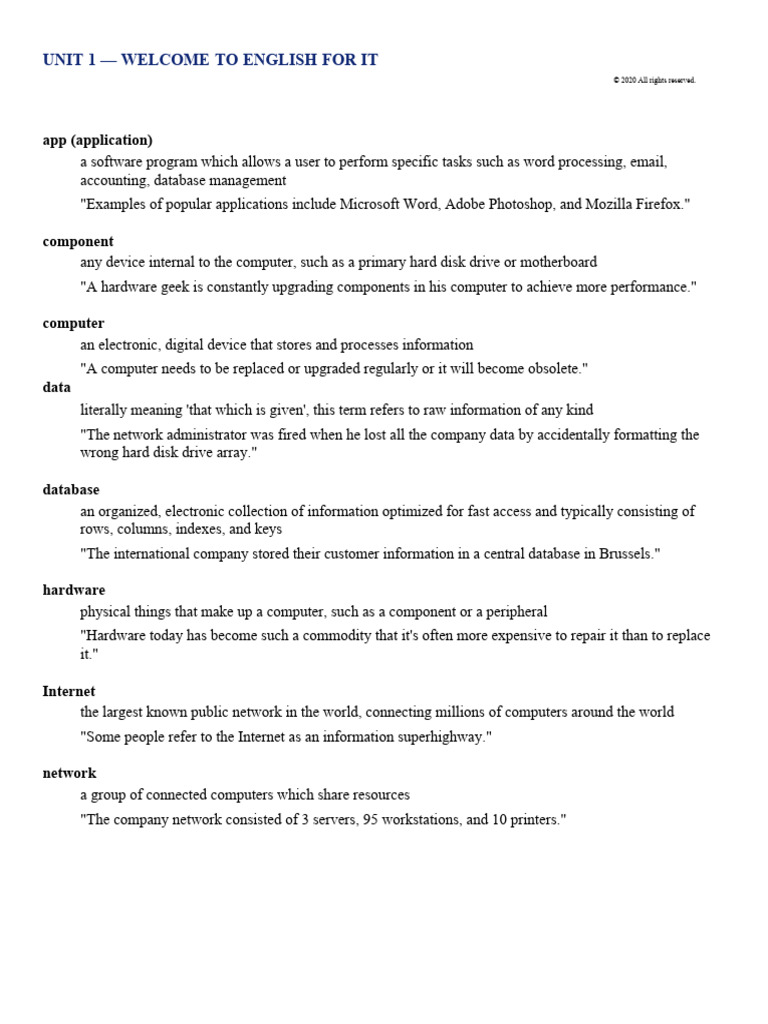 English 4 IT - Unit 1 Vocabulary | PDF