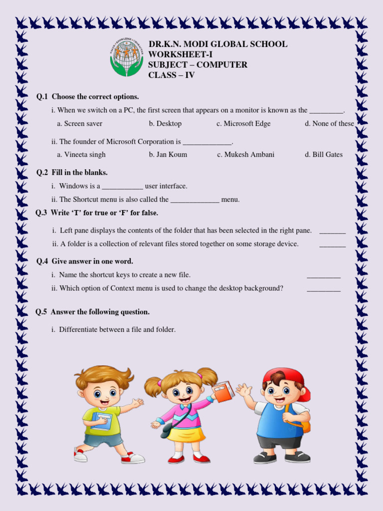 Computer Pt-2 Class-4 Worksheet | PDF | Technology & Engineering
