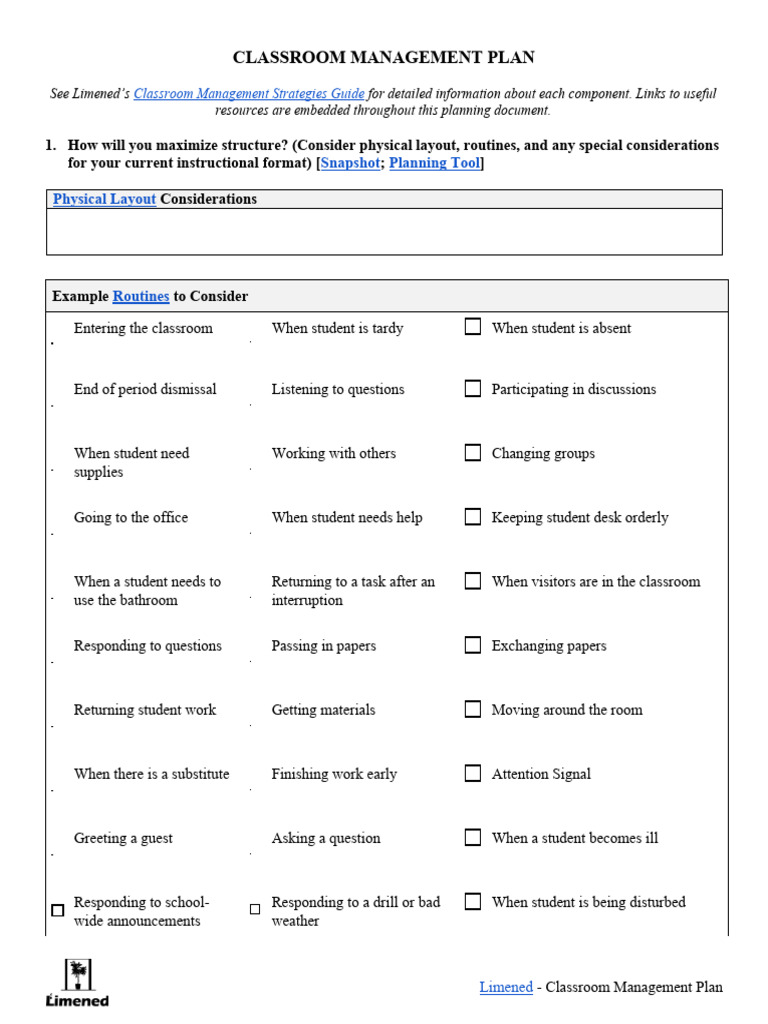 Limened Classroom Management Plan Template | PDF | Classroom Management ...