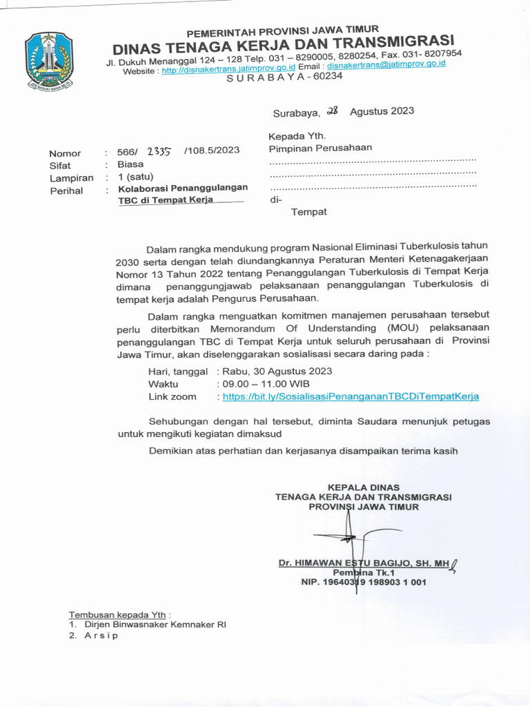 Surat Kolaborasi Penanggulangan TBC Tempat Kerja | PDF