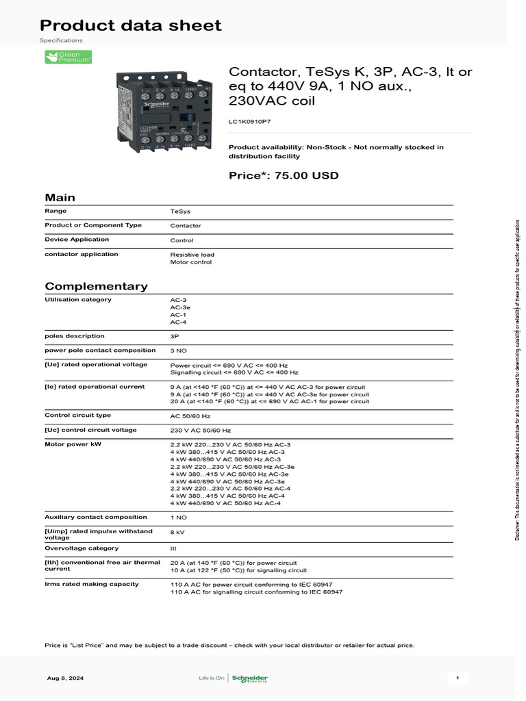 Schneider Electric - TeSys-K-Miniature-Contactors - LC1K0910P7 | PDF ...