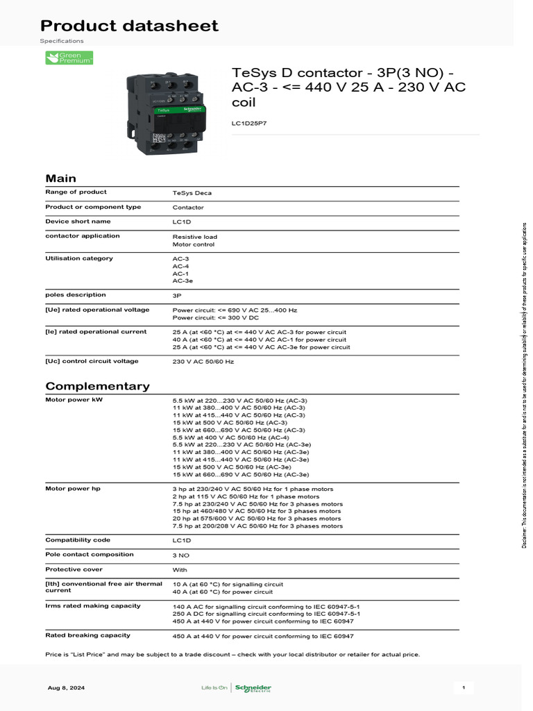 Schneider Electric - TeSys-D - LC1D25P7 | PDF | Sustainability ...