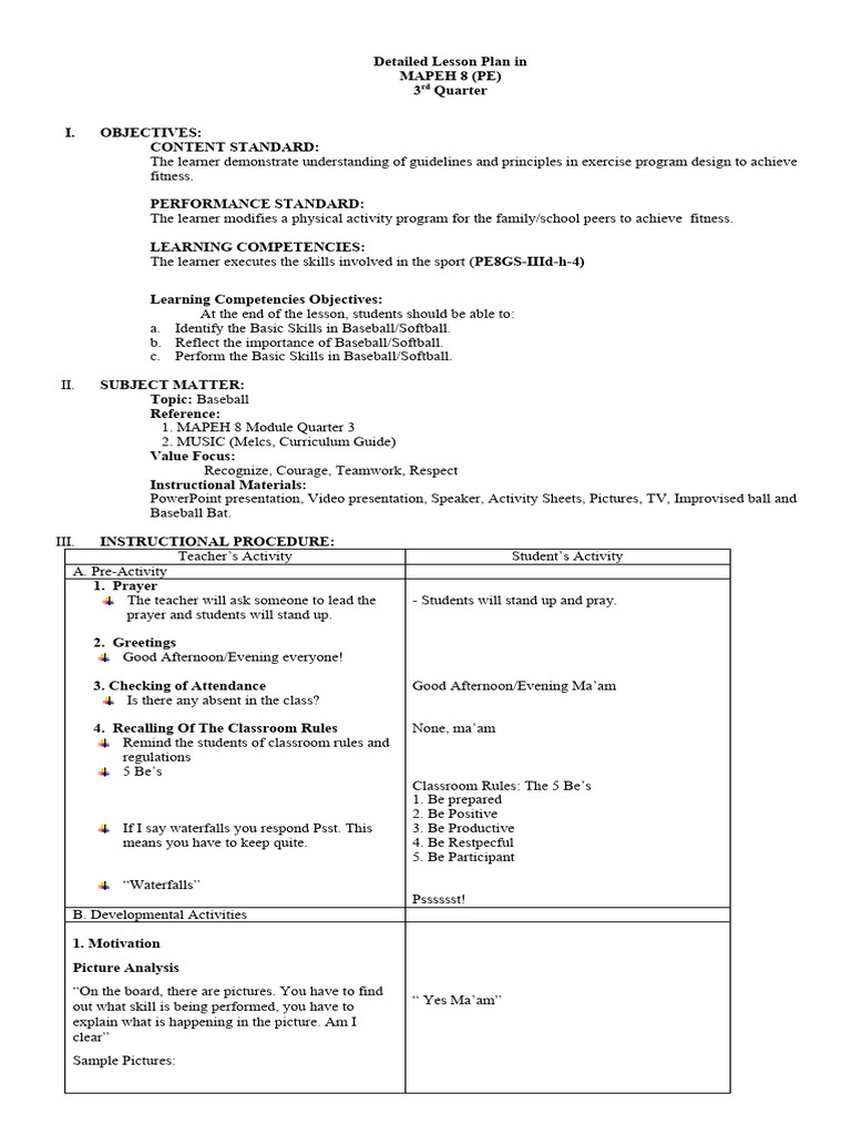 MAPEH 8 Baseball and Softball Lesson Plan | PDF | Softball | Baseball Field