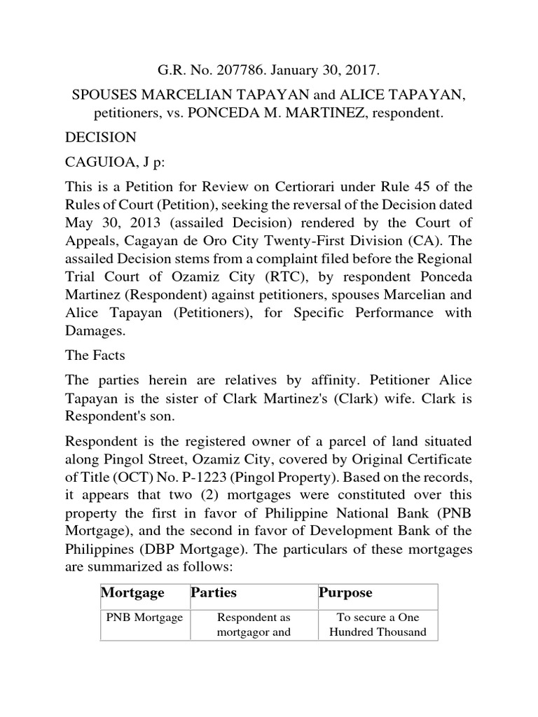 SPOUSES MARCELIAN TAPAYAN and ALICE TAPAYAN, Petitioners, vs. PONCEDA M ...