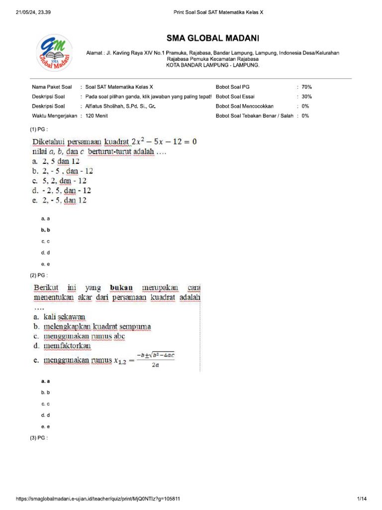 Soal SAT CBT Math X | PDF
