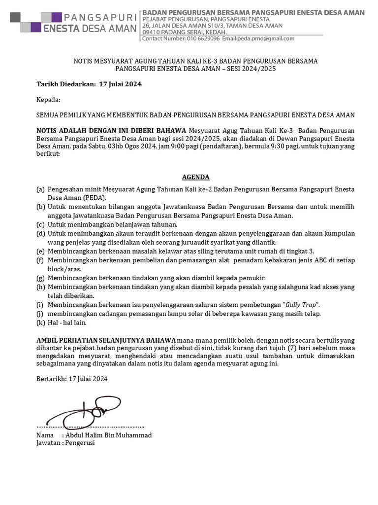 Notis Jemputan AGM Kali Ke-3 Pada 03 Ogos 2024 | PDF | Hukum
