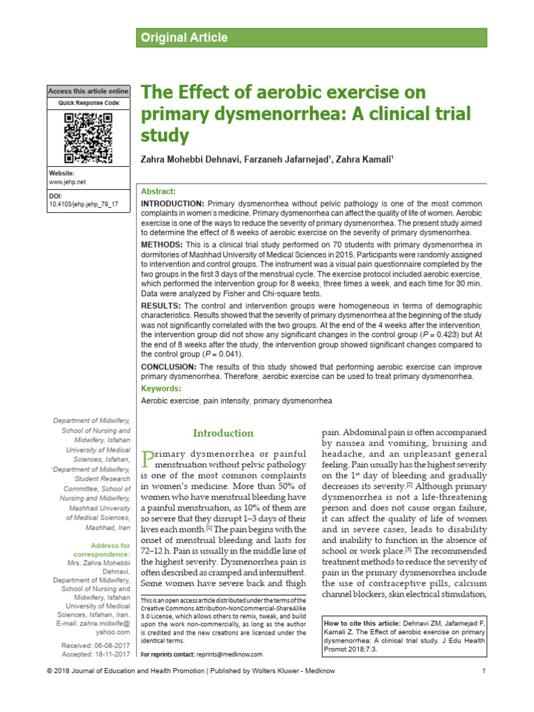 Aerobic Exercise Reduces Dysmenorrhea Pain | PDF | Menstruation ...