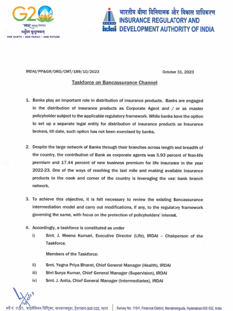 Taskforce On Bancassurance | PDF