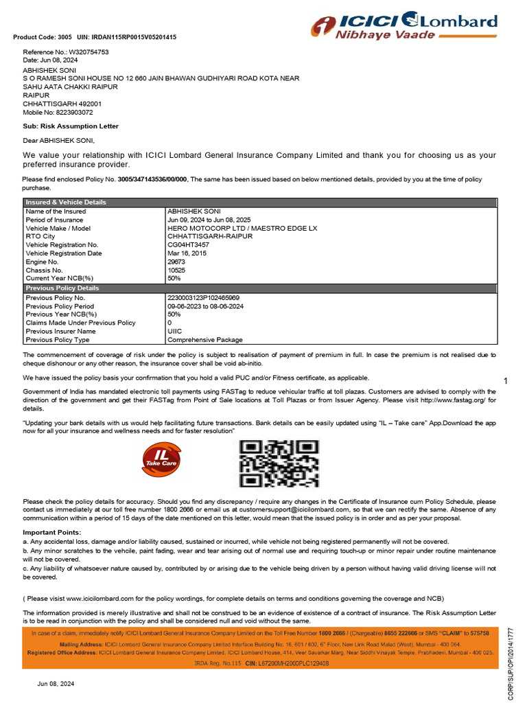 Scooty Insurance 24-25 | PDF | Insurance | Pro Rata