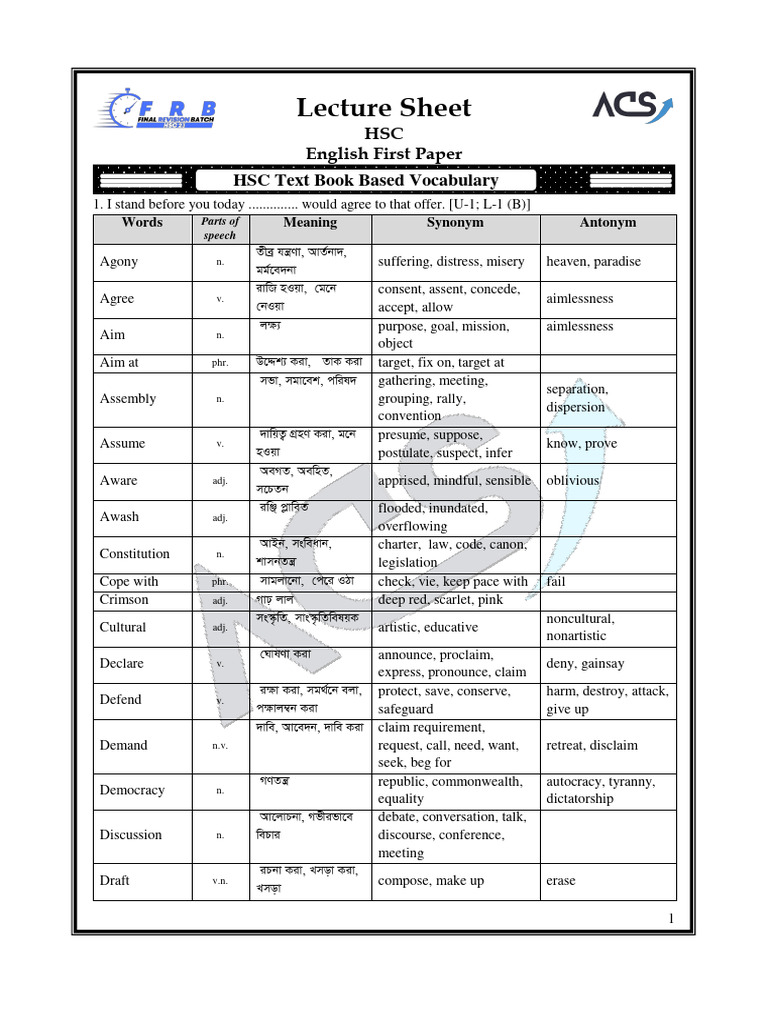 HSC Text Based Vocabulary - ACS | PDF