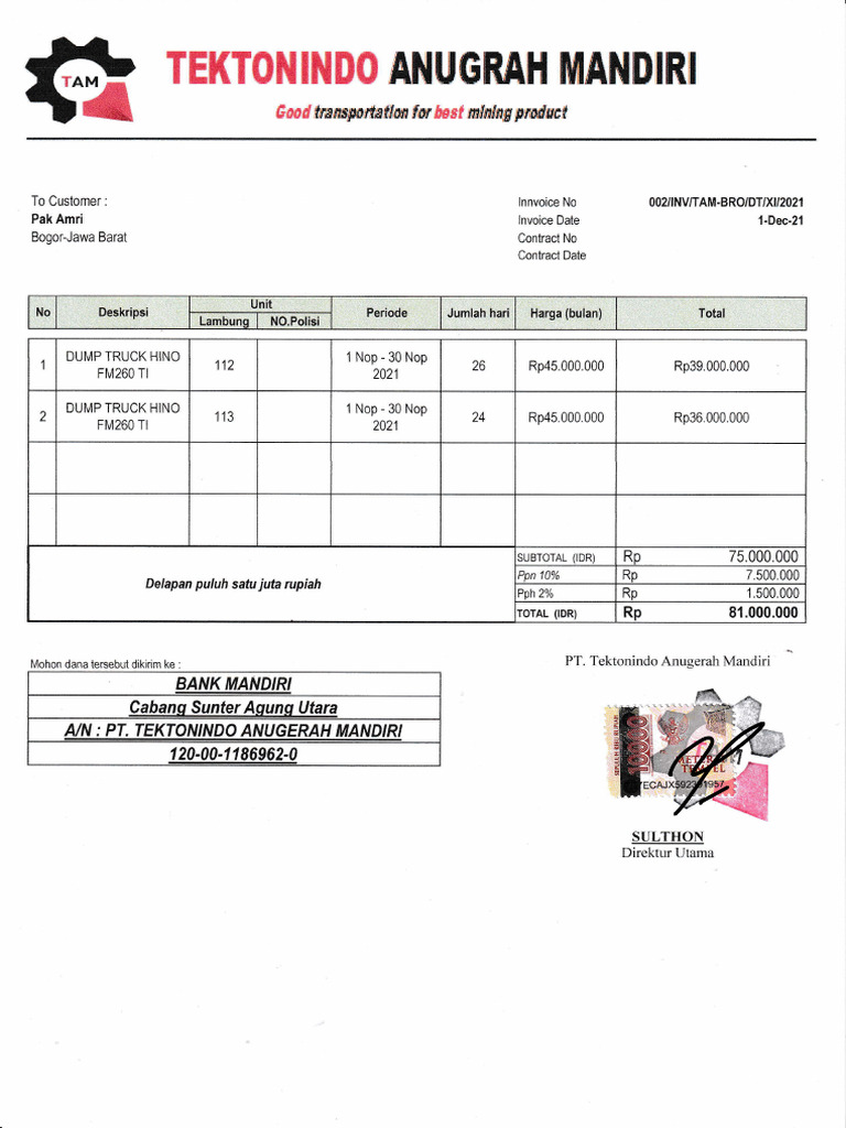 Invoice 002 Dump truck PT BRO 1 Desember 2021 | PDF