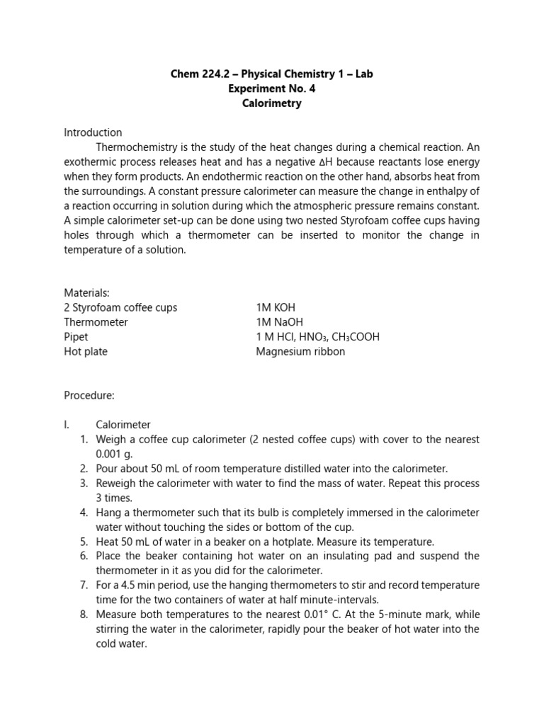 Experiment 4 Calorimetry | PDF | Heat | Physical Chemistry