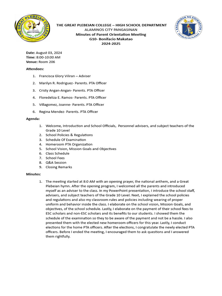 Minutes of Parent Orientation Meeting | PDF
