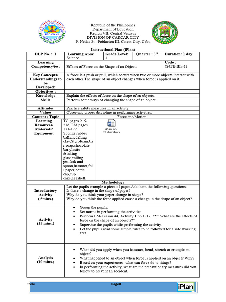 Iplan No. 1 Effects of Force On The Shape of An Objects | PDF | Force | Learning