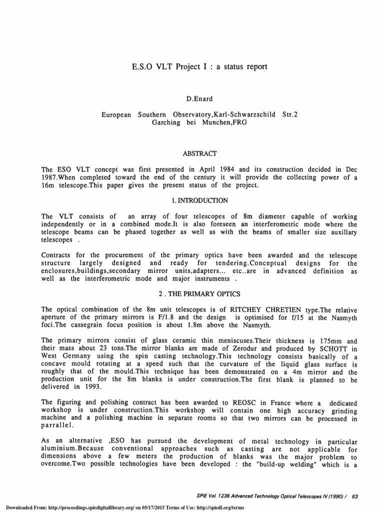 ESO VLT Project, A Status Report | PDF | Interferometry | Mirror
