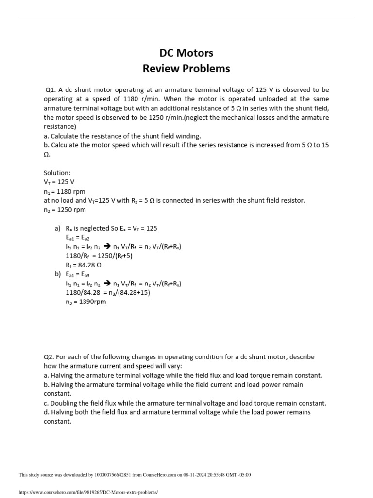 DC Motors Extra Problems | PDF | Electronic Engineering | Electronics