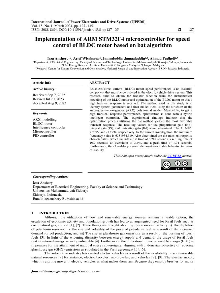 Implementation Of Arm Stm32f4 Microcontroller For Speed Control Of Bldc Motor Based On Bat