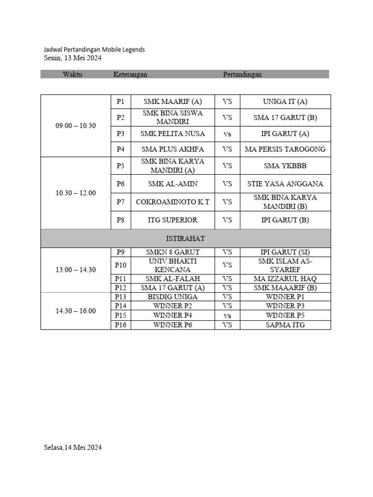 Jadwal Pertandingan Mobile Legends | PDF