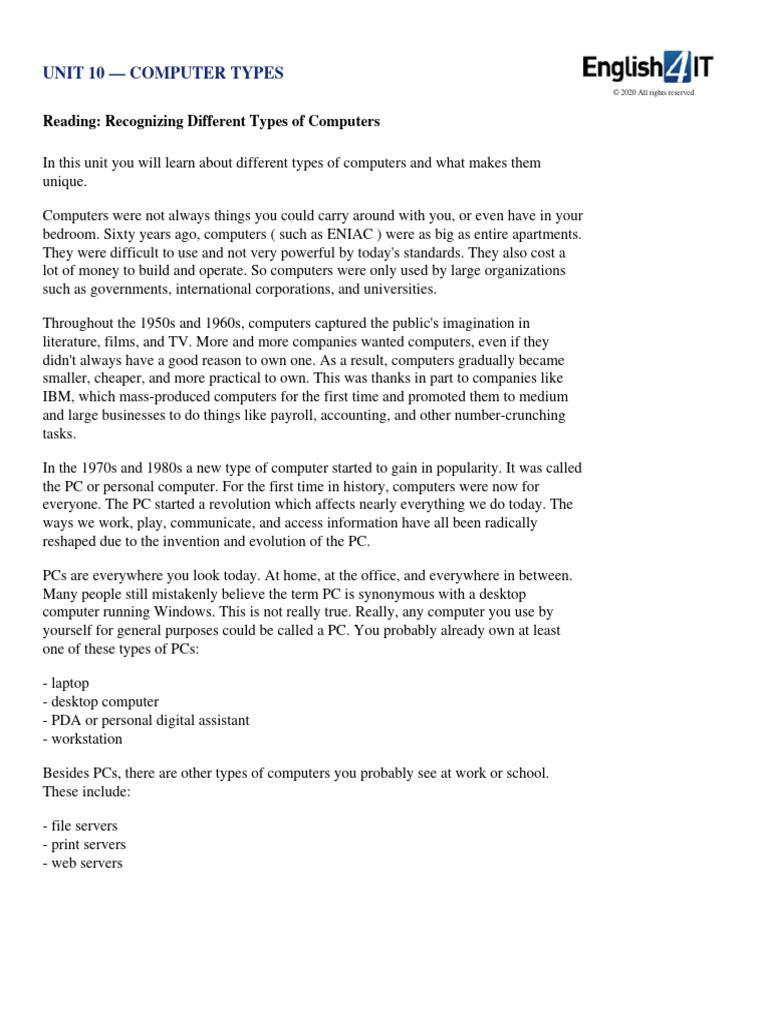 English 4 IT - Unit 10 Recognizing Different Types of Computers Reading ...