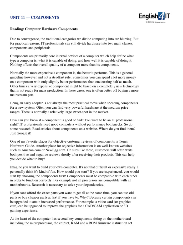 English 4 IT - Unit 11 Computer Hardware Components Reading | PDF | Bios | Usb