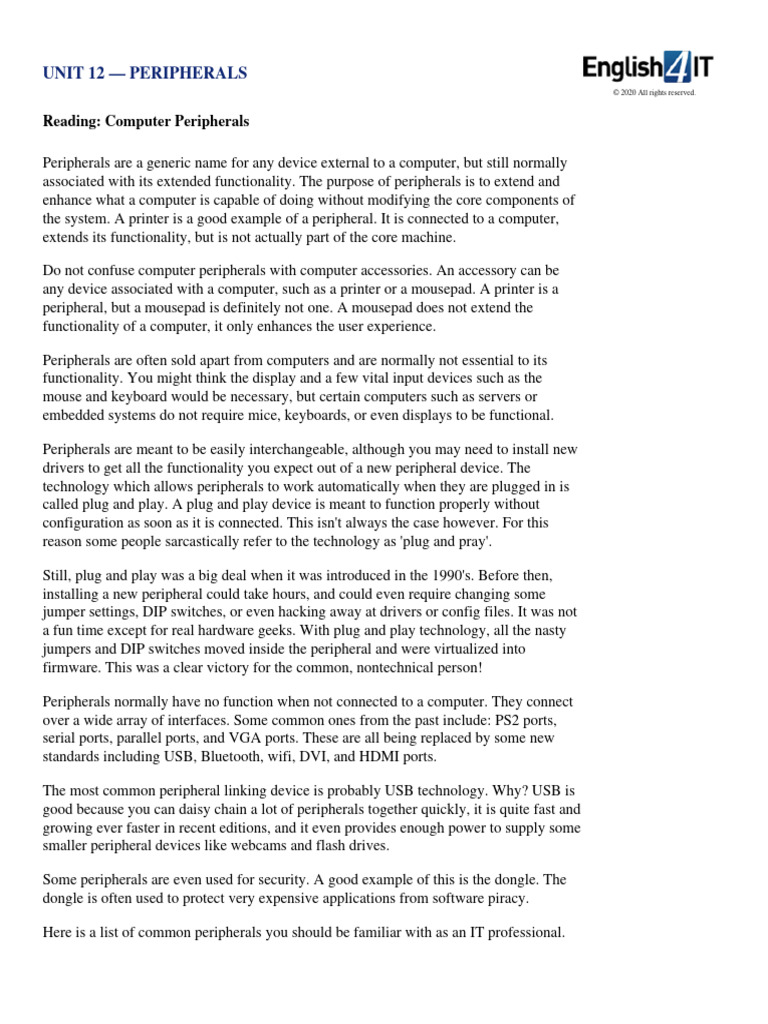 English 4 IT - Unit 12 Computer Peripherals Reading | PDF | Usb | Usb ...