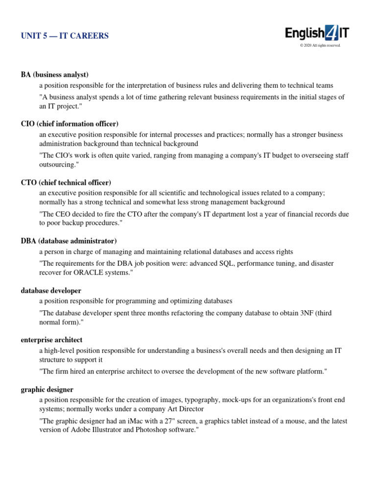 English 4 IT - Unit 5 Vocabulary | PDF | Computer Network | Databases