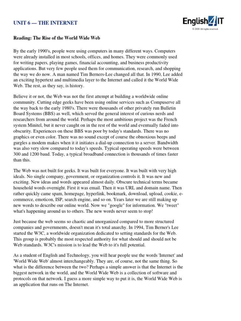 English 4 IT - Unit 6 The Rise of The World Wide Web Reading | PDF ... English 4 IT - Unit 6 The Rise of The World Wide Web Reading | PDF ...