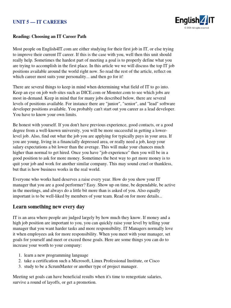 English 4 IT - Unit 5 Choosing An IT Career Path Reading | PDF
