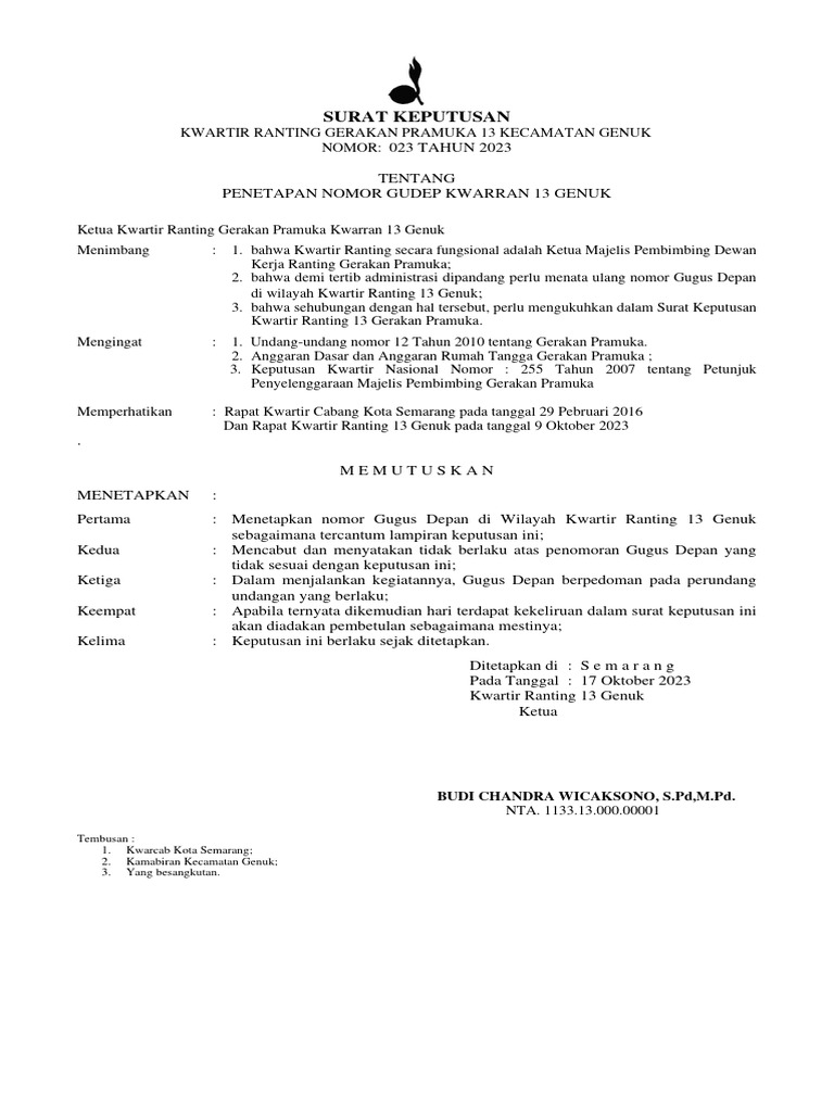 Penetapan Nomor Gudep Pramuka Genuk | PDF