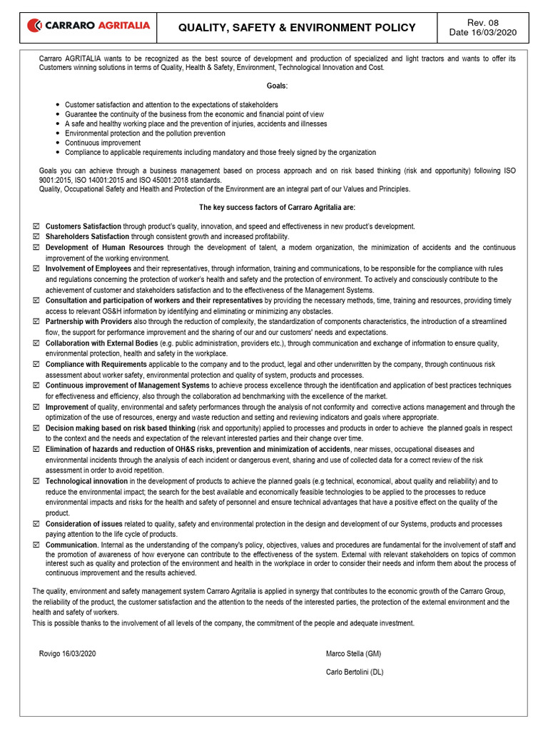 Quality Safety Environment Policy 2020 6038ab02a140e647153133 | PDF ...