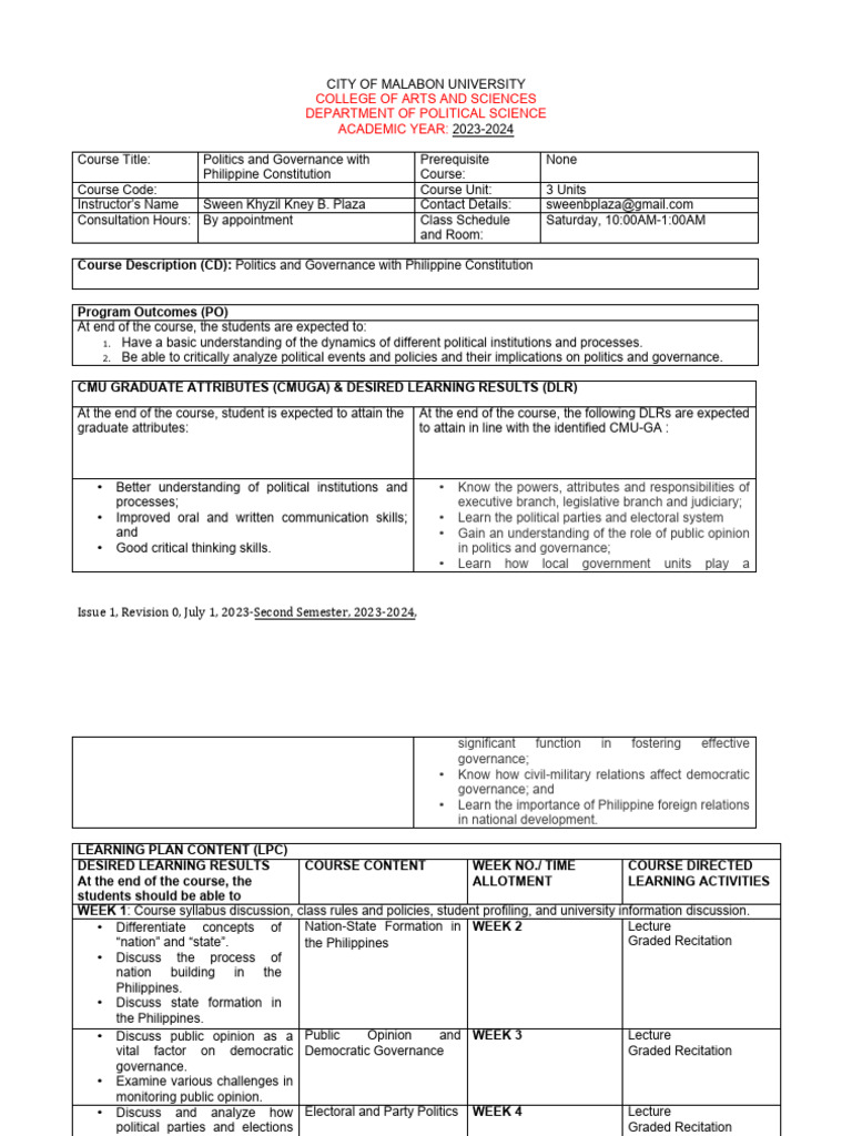 PolGov W Phil. Consti Syllabus | PDF | Public Opinion | Liberal Arts Education