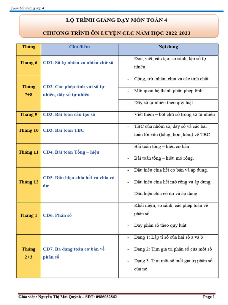 Toán - Lộ trình lớp 4 Ôn luyện CLC | PDF