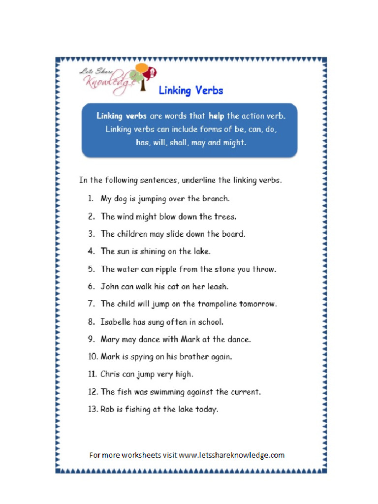 Grade 3 Worksheets Linking or Helping Verbs Page 2 | PDF