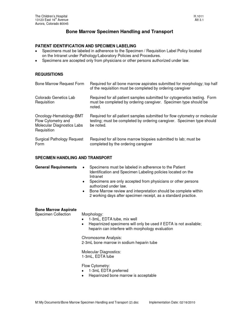 Bone Marrow Specimen Handling Transport | PDF | Pathology | Cytogenetics