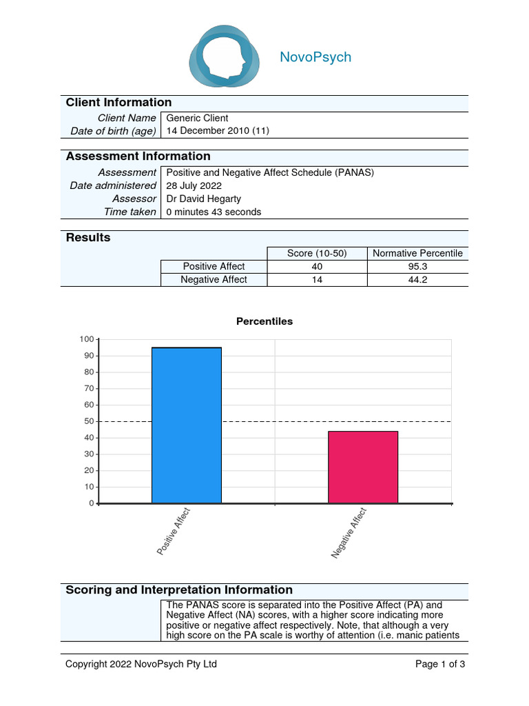 Panas Questionnaire Scale Positve Negative Affect Scoring Report | PDF ...