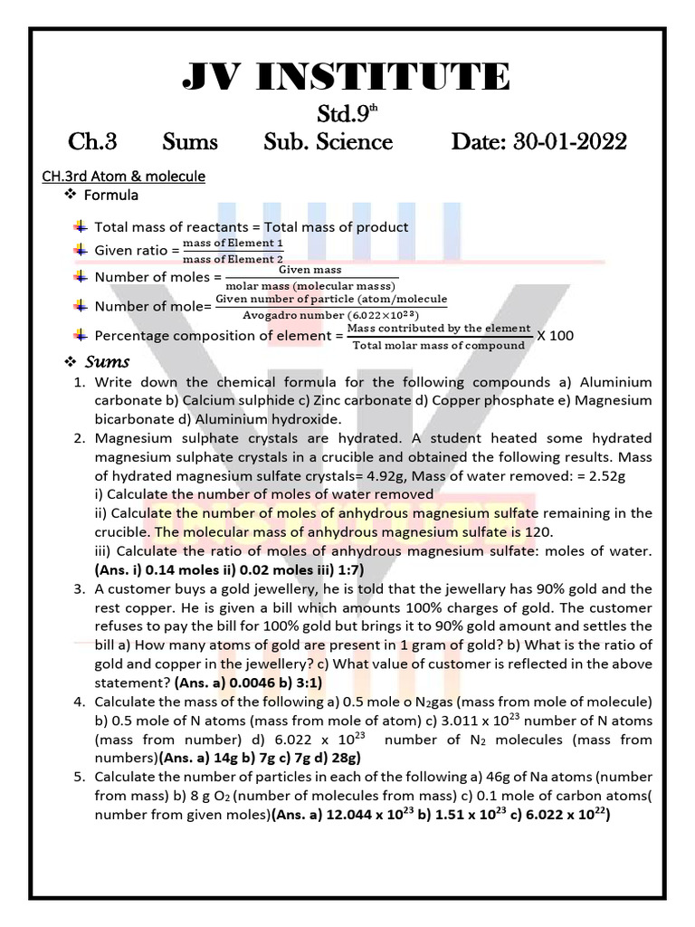 9th Sci Ch.3 Sums 30-01-2022 | PDF | Mole (Unit) | Molecules