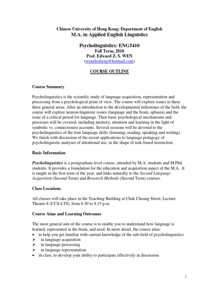 Psycholinguistics MA Course Outline | PDF | Psycholinguistics ...