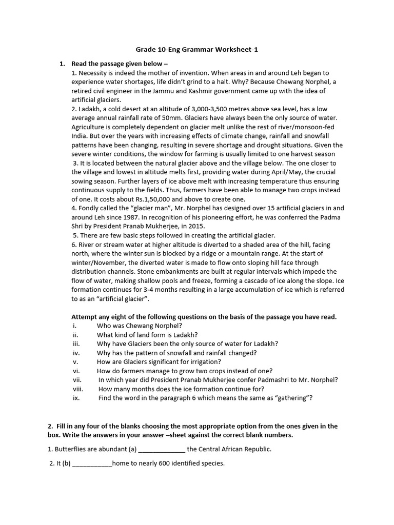 Grade 10 Eng Grammar Sample Worksheet 1 | PDF | Glacier | Water