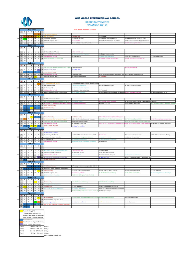 OWIS Secondary School Calendar 2024-25.xlsx - Google Sheets | PDF ...