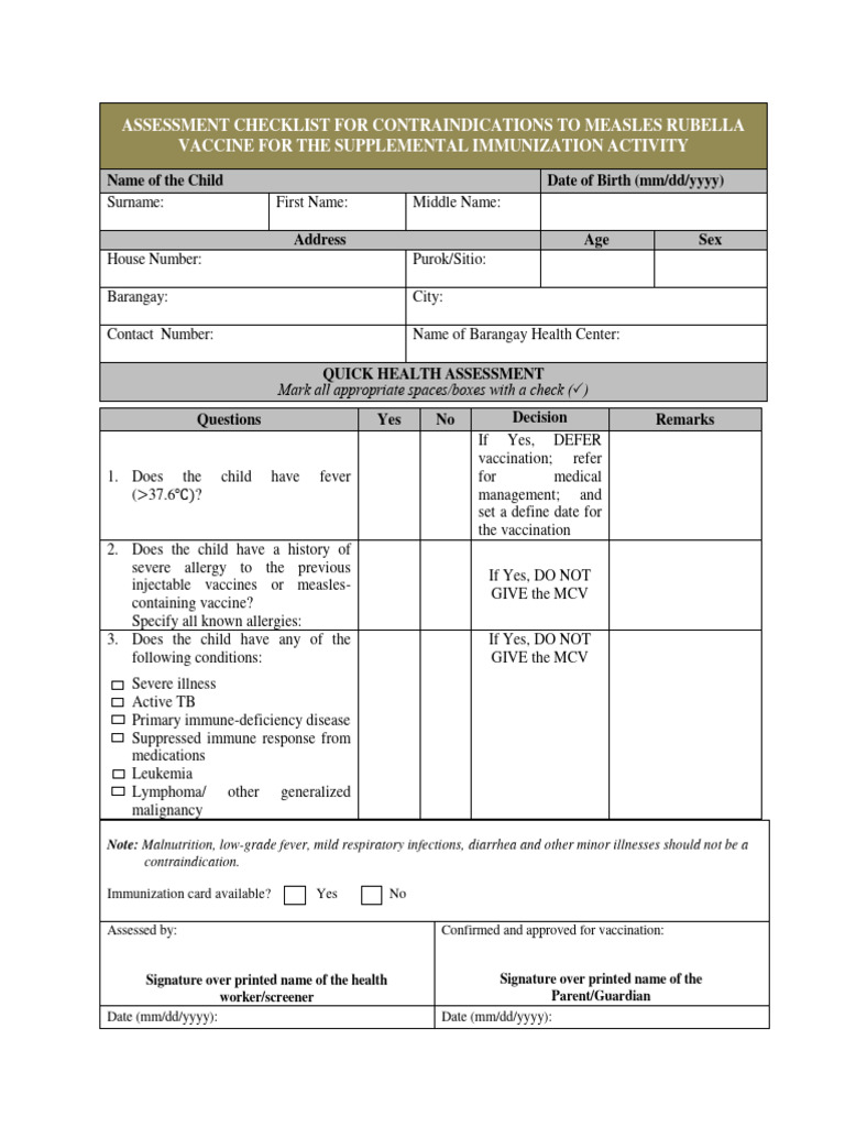 Annex E. Quick Health Assessment Form | PDF | Measles | Vaccination