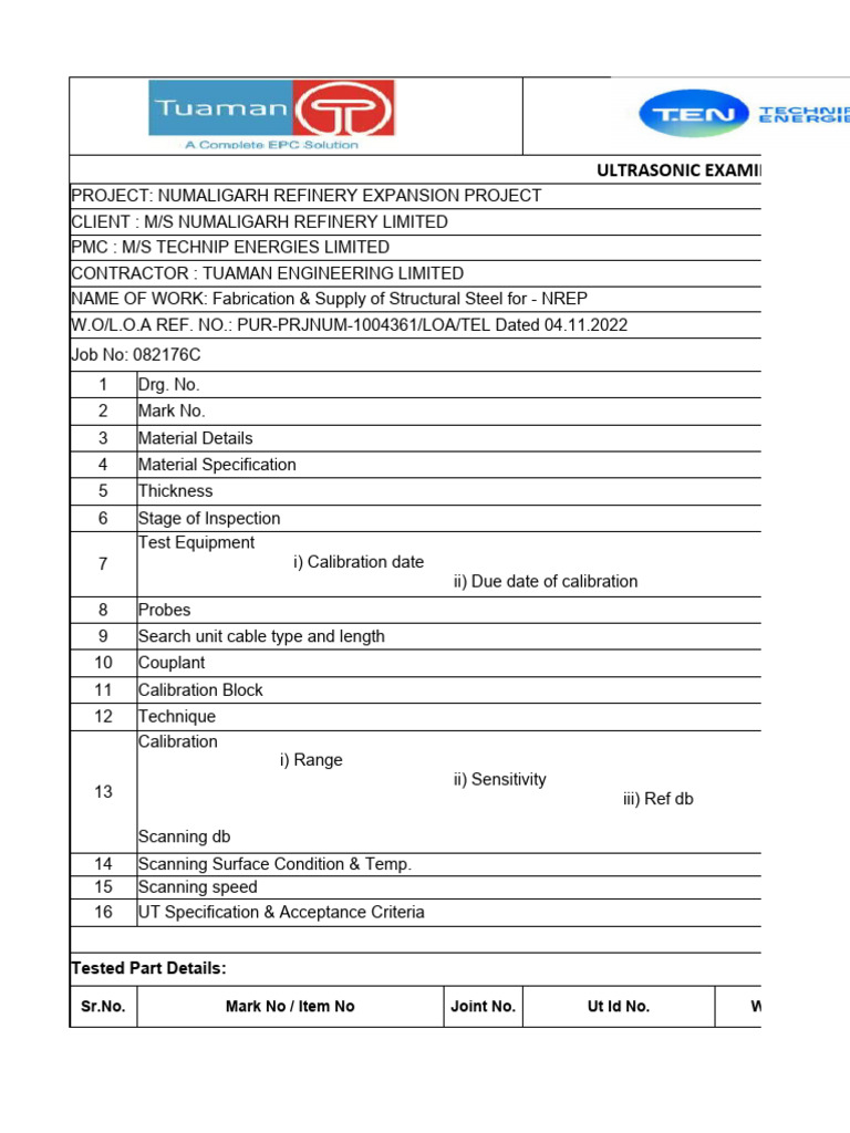 Sample - F-12 Ut Inspection Report (Se) 1 | PDF