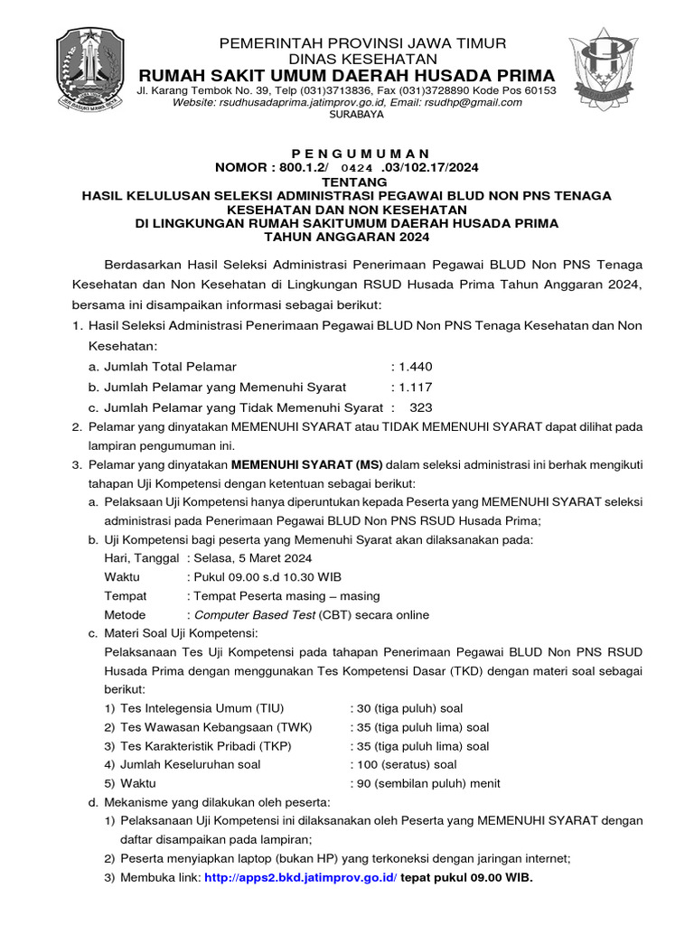 Pengumuman Seleksi Administrasi Blud Rsud Husada Prima | PDF