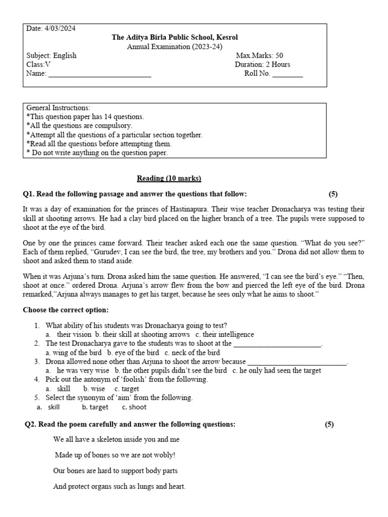 Class V English Annual Exam Paper 2023-24 | PDF | Syntax | Grammar