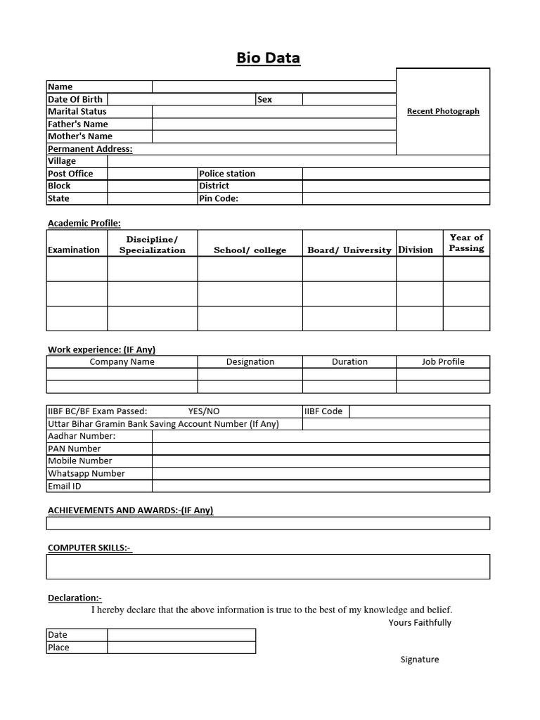 BC Bio Data Form | PDF